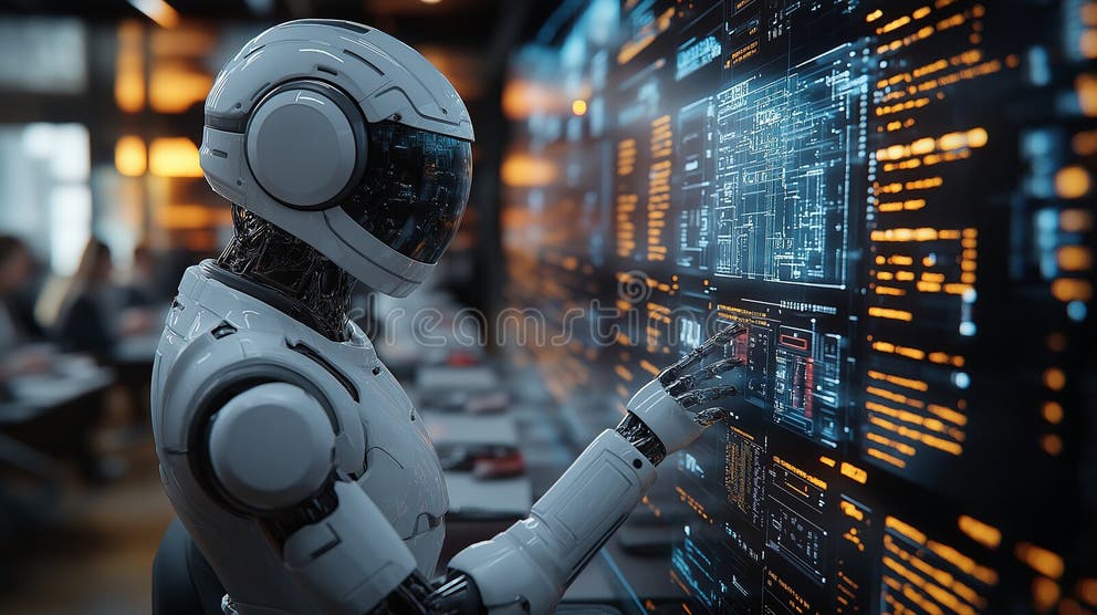 Futuristic Humanoid Robot Analyzing Data on a High-tech Digital ...