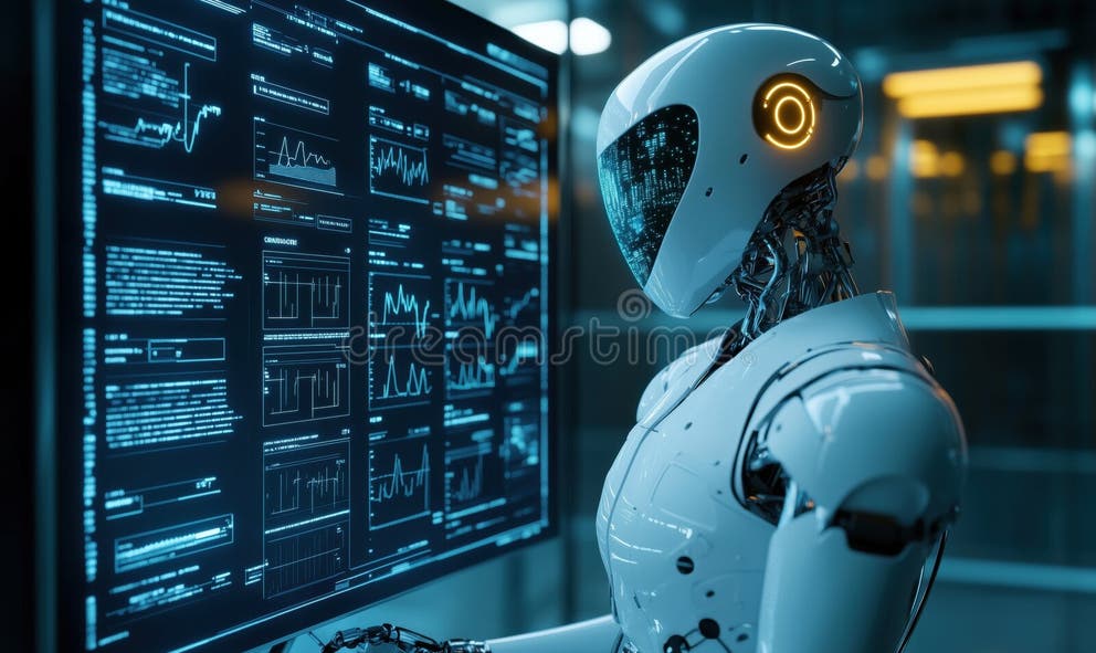 Futuristic Humanoid Robot Analyzing Data on High-tech Display in Modern Environment Stock Image ...