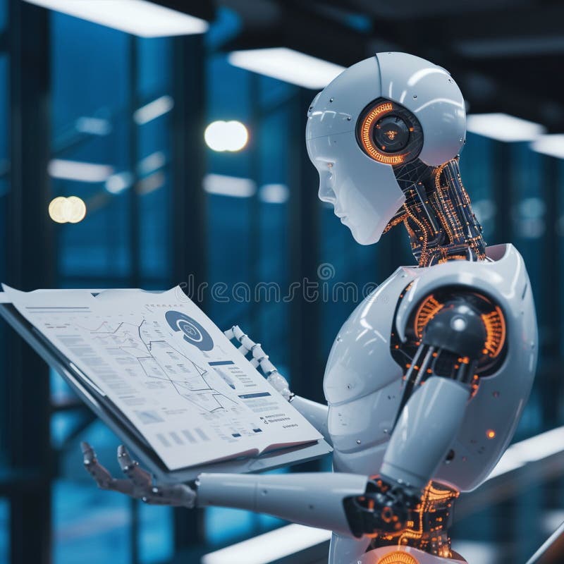 A Futuristic Humanoid Robot Analyzing Data in a High-tech Environment ...