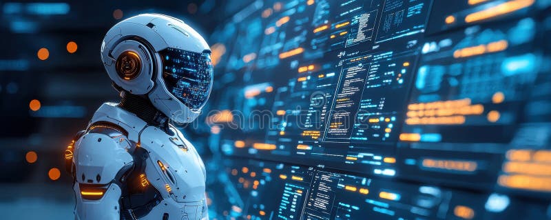 Futuristic Humanoid Robot Analyzing Data on Illuminated Digital Screens ...