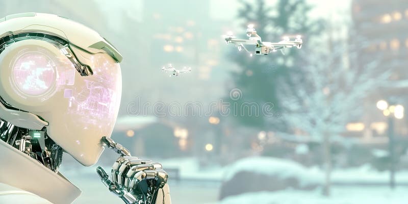 Futuristic Humanoid Robot Analyzing Drones Flying in a Snowy Cityscape ... Futuristic Humanoid Robot Analyzing Drones Flying in a Snowy Cityscape ...