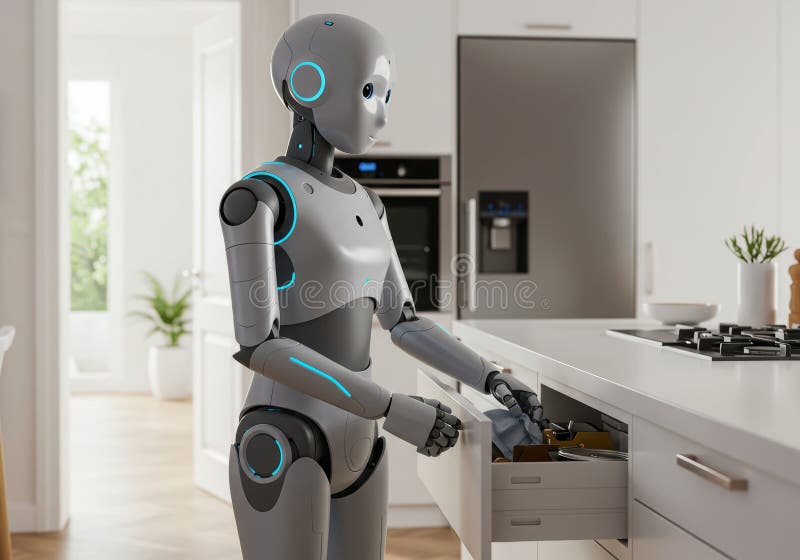 Futuristic Humanoid Robot Assisting in Modern Kitchen Task Stock Image ...