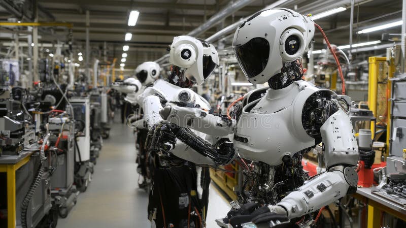 A Futuristic Humanoid Robot is Being Repaired by Another in a High-tech ...