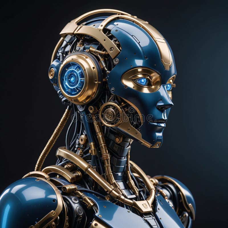 Futuristic Humanoid Robot with Bronze Helmet and Intricate Metallic ...