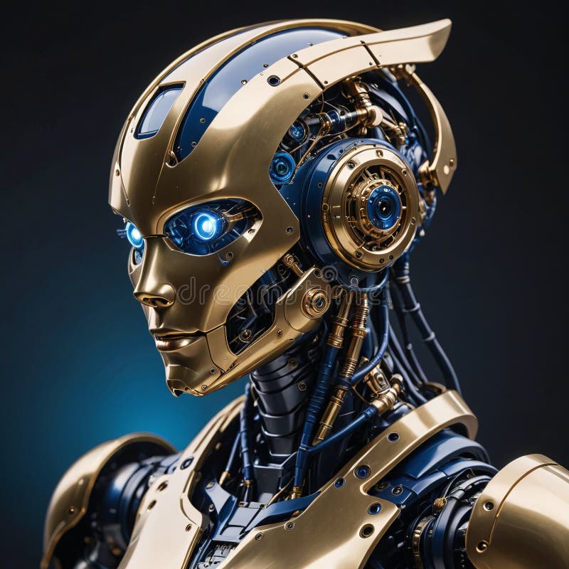 Futuristic Humanoid Robot with Bronze Helmet and Intricate Metallic ...