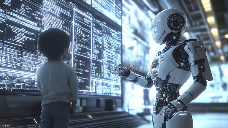 Futuristic Humanoid Robot and Child in High-Tech Lab with Algorithm ...