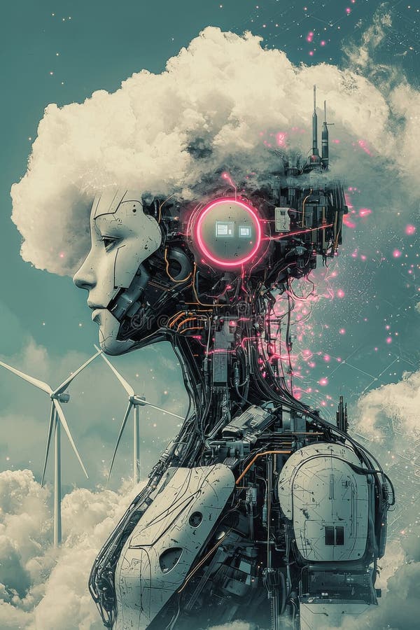 Futuristic Humanoid Robot with Cloud and Neon Elements Stock Image ...