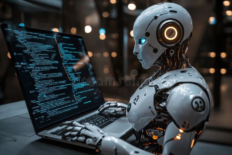 Futuristic Humanoid Robot Coding at a Laptop in a Sleek Tech Setting ...