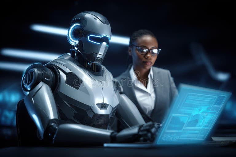 Futuristic Humanoid Robot Collaborating with Human in High-tech ...