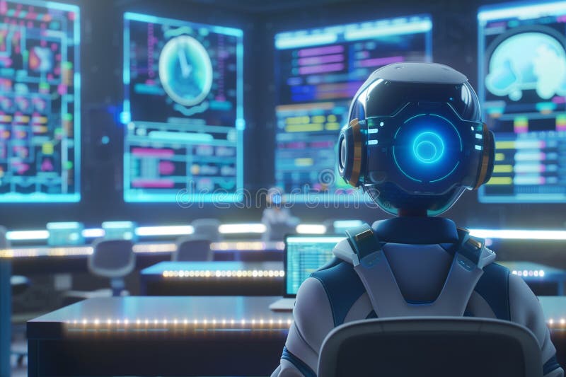 Futuristic Humanoid Robot in Command Center Learning Global Internet ...