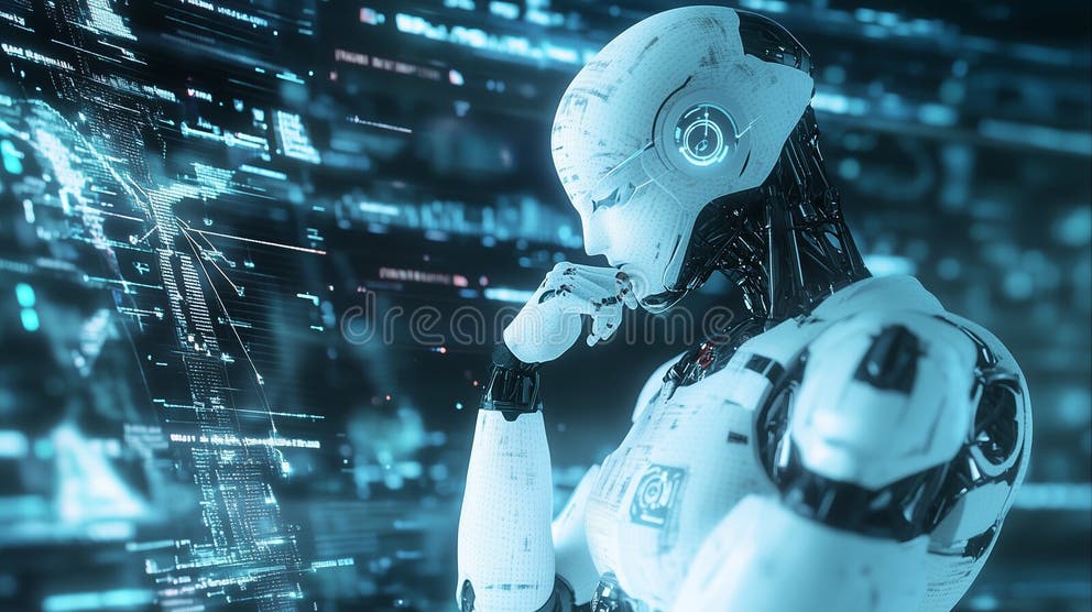 A Futuristic Humanoid Robot Contemplating Data within a Digital ...