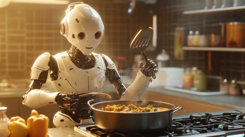 Futuristic Humanoid Robot Cooking with a Spatula Stock Photo - Image of ...