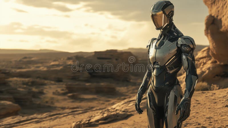 Futuristic Humanoid Robot in a Desolate Desert Landscape Stock ...