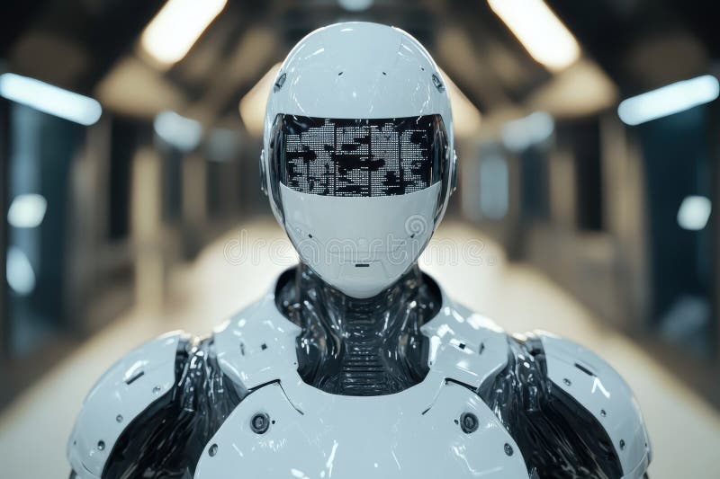 Futuristic Humanoid Robot with a Digital Display on Its Face in a Sleek ...