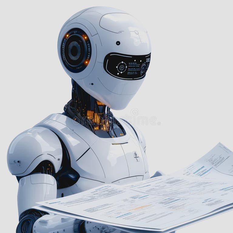 Futuristic Humanoid Robot with Digital Interface Holding Papers ...