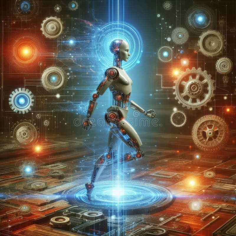 Futuristic Humanoid Robot in a Digital Landscape Stock Image - Image of ...