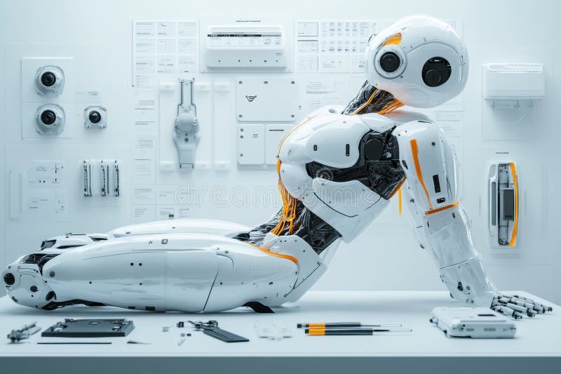 A Futuristic Humanoid Robot Displayed on a Workbench with Various ...