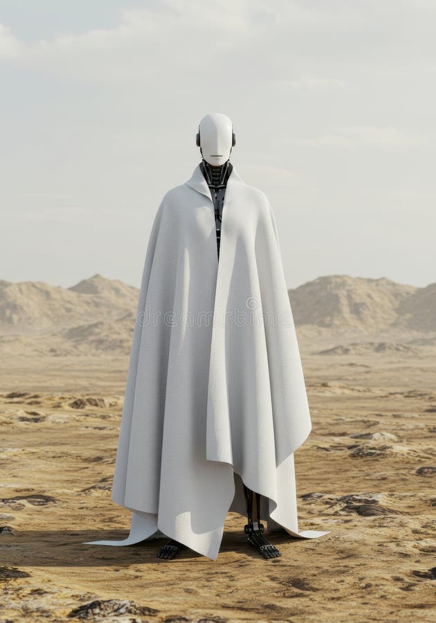 Futuristic Humanoid Robot Draped in White Cloak Standing in Desert ...