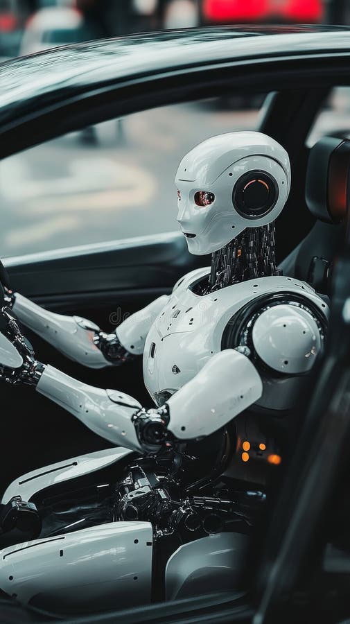 Futuristic Humanoid Robot Driving a Car Stock Photo - Image of advanced ...