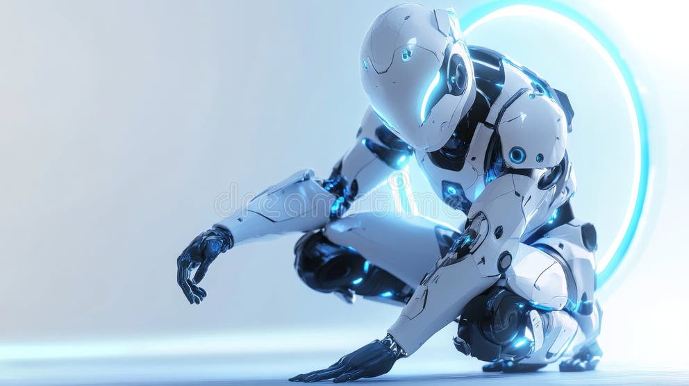 Futuristic Humanoid Robot in a Dynamic Pose, Glowing Highlights Stock ...