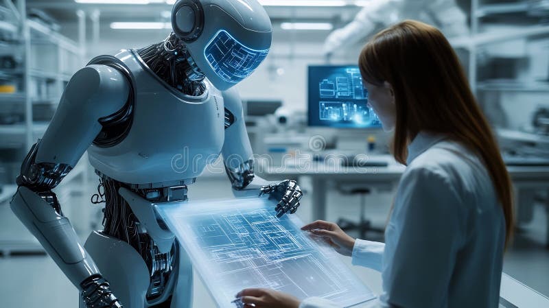 Futuristic Humanoid Robot and Engineer Collaborate on Holographic ...