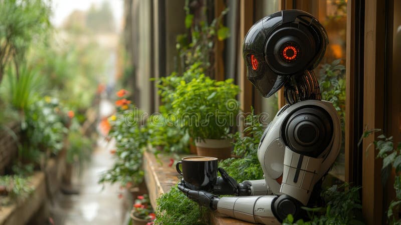 Futuristic Humanoid Robot Enjoying Coffee in Nature Stock Photo - Image ...