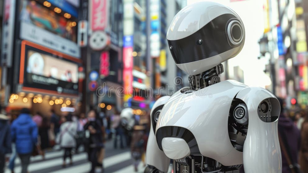 Futuristic Humanoid Robot Exploring a City District. Sleek White ...