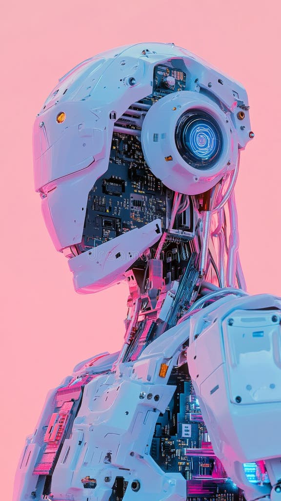 Futuristic Humanoid Robot with Exposed Circuitry on Pink Background ...