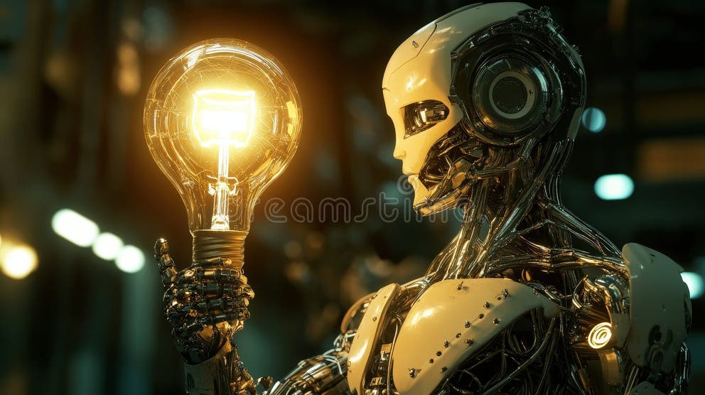 Advanced Humanoid Robot Contemplating an Illuminated Lightbulb Stock ...