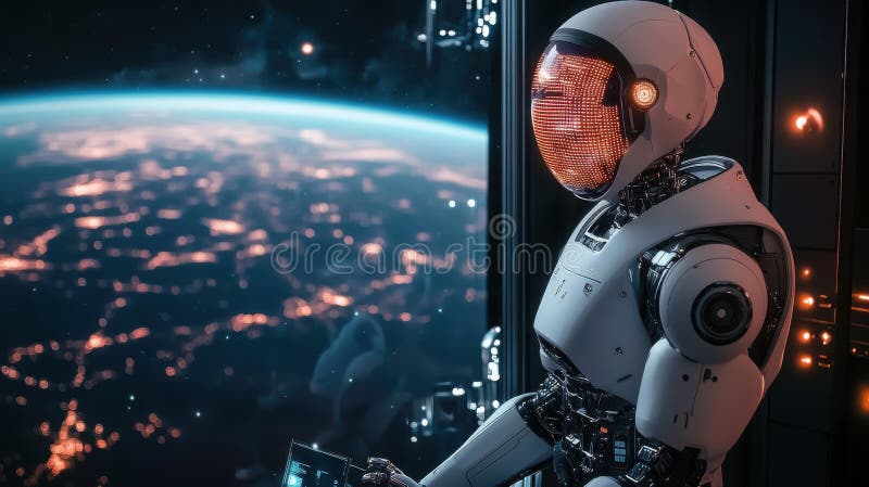 Futuristic Humanoid Robot Gazing at Earth from Spacecraft Window with ...