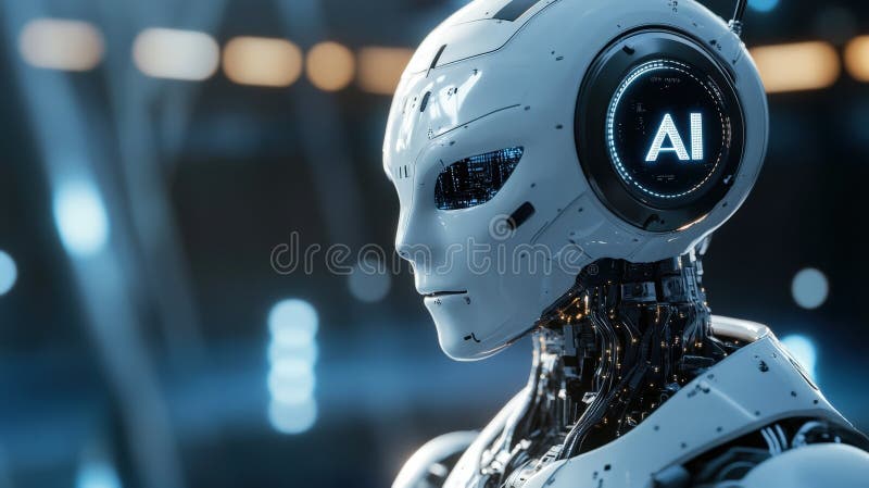 Futuristic Humanoid Robot with Glowing AI Interface in a High-Tech Environment Stock Photo ...