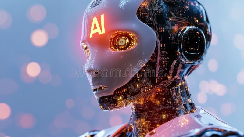 Futuristic Humanoid Robot with Glowing AI Interface in a High-Tech ...