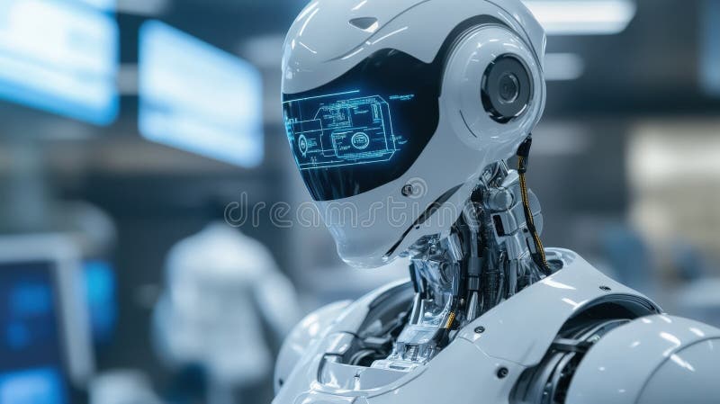 Futuristic Humanoid Robot with Glowing AI Interface in a High-Tech Environment Stock Image ...