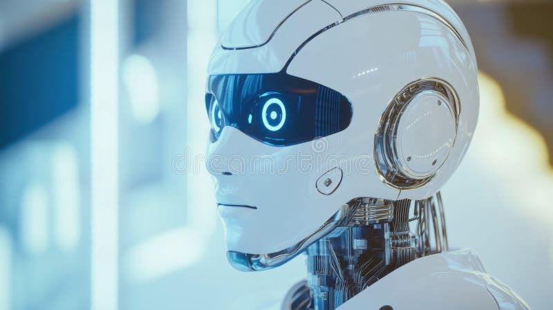 Futuristic Humanoid Robot with Glowing Blue Eyes and Sleek Design Stock ...