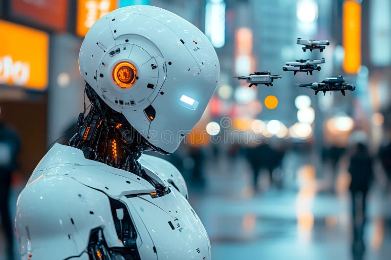 Futuristic Humanoid Robot with Glowing Cybernetic Components Observing ... Futuristic Humanoid Robot with Glowing Cybernetic Components Observing ...