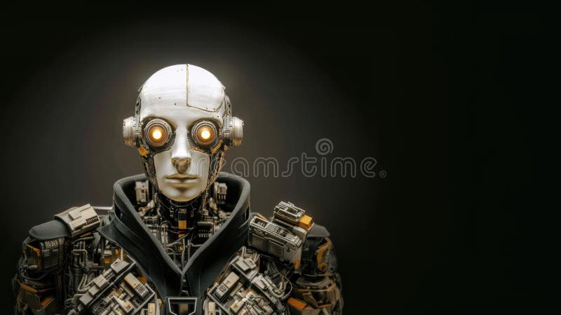 Futuristic Humanoid Robot with Glowing Eyes in a Dark Setting Stock ...
