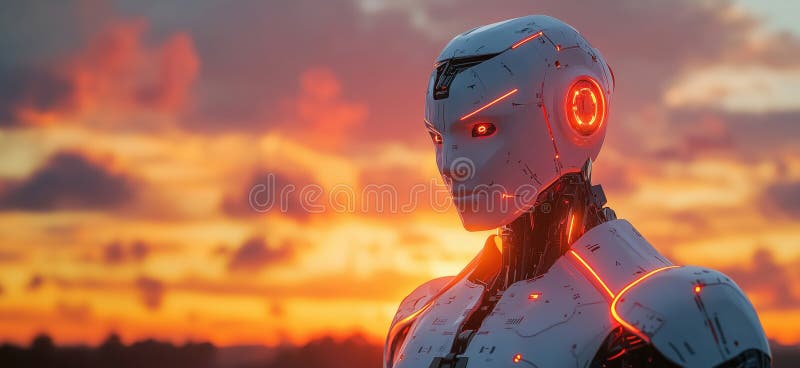 Futuristic Humanoid Robot with Glowing Features Against Vibrant Sunset ...
