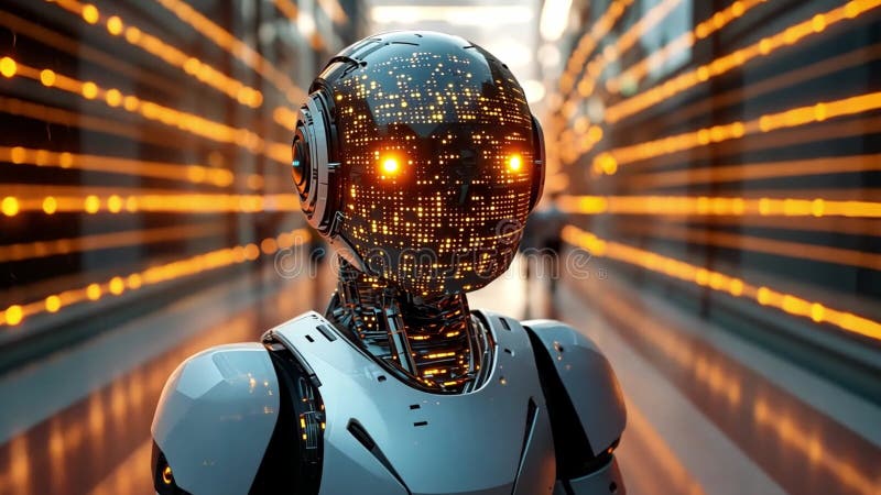 Futuristic Humanoid Robot with Glowing Features in a Modern Corridor ...