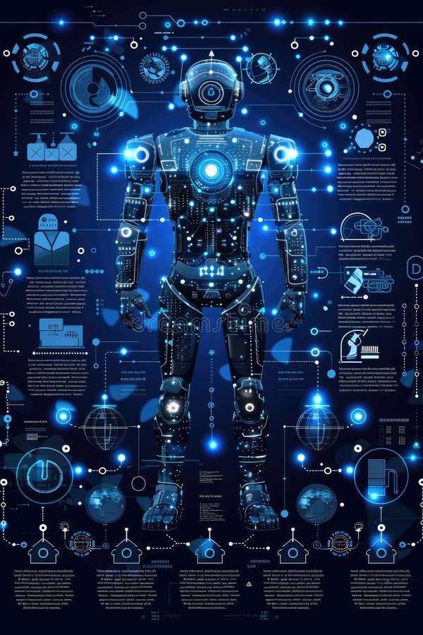 Futuristic Humanoid Robot with Glowing Interfaces in a Digital Environment Stock Illustration ...