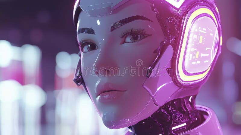 Futuristic Humanoid Robot with Glowing Pink Details Stock Illustration ...