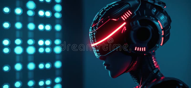 Futuristic Robot Head Glowing Visor Artificial Intelligence Concept ...
