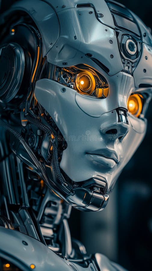 Futuristic Humanoid Robot with Glowing Eyes and Metallic Features Stock ...