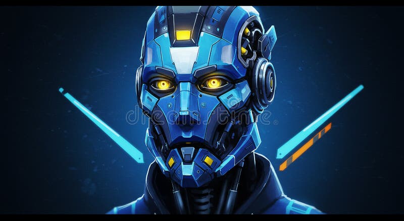 Futuristic Humanoid Robot Head Featuring a Metallic Blue Exterior with ...