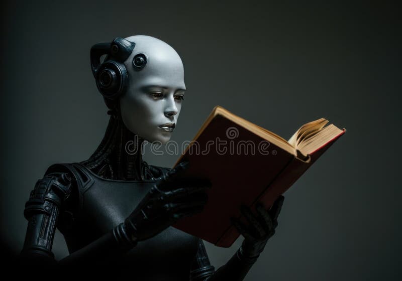 Futuristic Humanoid Robot with Headphones Reading a Book in Low Light ...