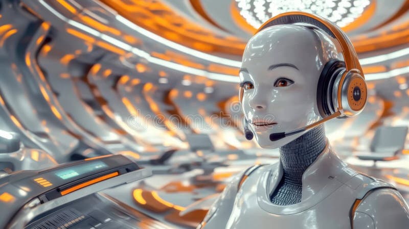 Futuristic Humanoid Robot with Headset in Advanced Technology ...