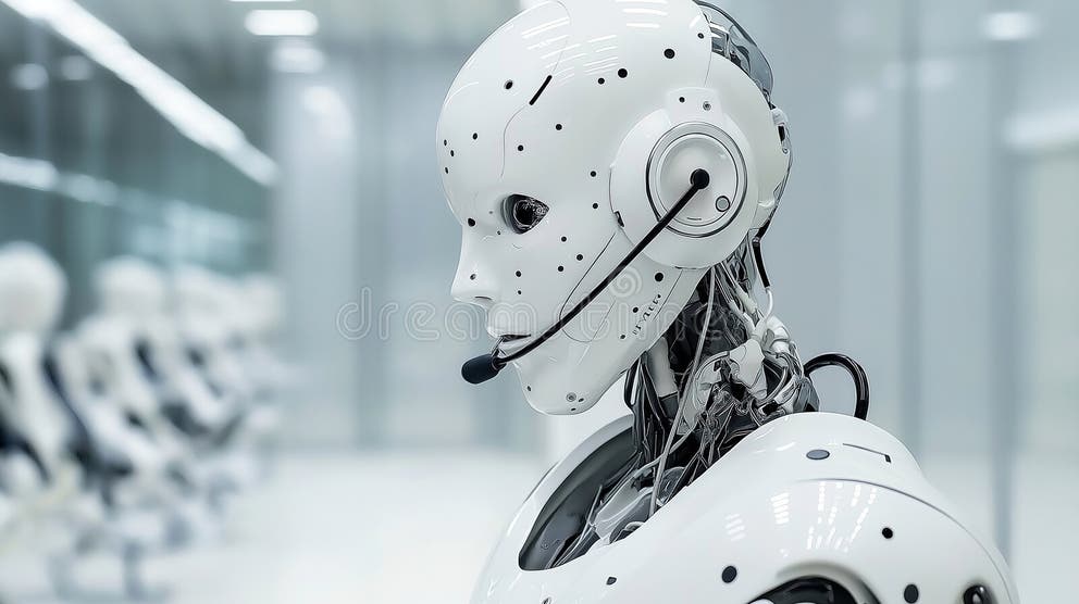 Futuristic Humanoid Robot with Headset in Modern Technology Environment ...