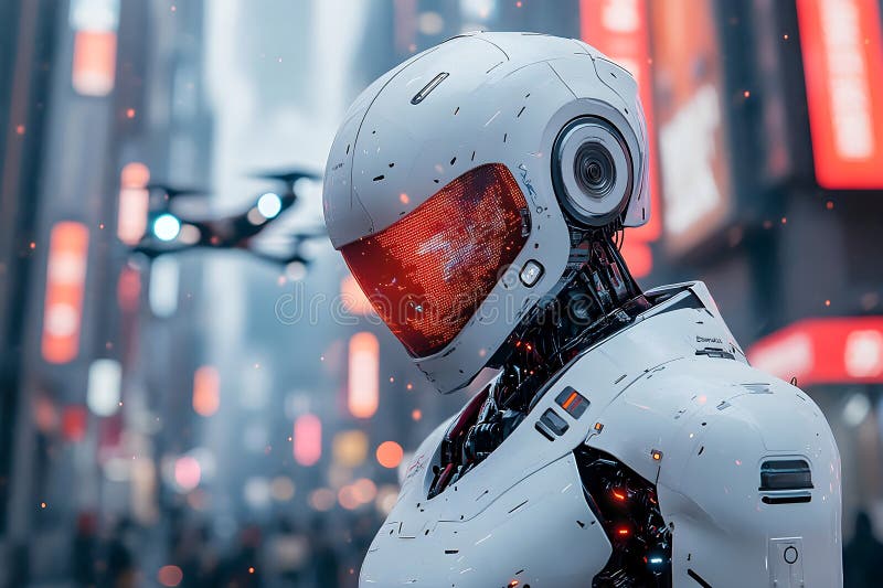 Futuristic Humanoid Robot with a High-tech Helmet and Digital Visor ... Futuristic Humanoid Robot with a High-tech Helmet and Digital Visor ...