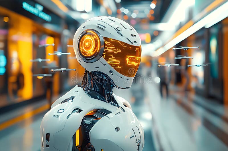 Futuristic Humanoid Robot with a High-tech Helmet and Glowing Visor ...