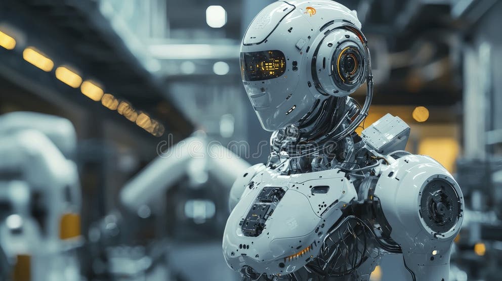 Futuristic Humanoid Robot in a High-tech Industrial Setting Stock ...
