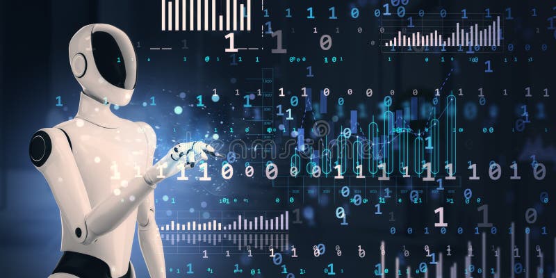 Futuristic Humanoid Robot Interacting with Digital Data and Binary Code in a High-tech ...